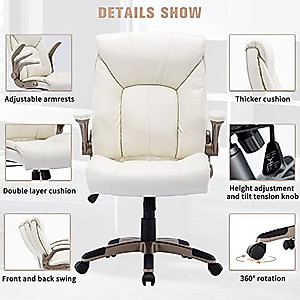 hzlagm Home Office Desk Chair, PU Leather Executive Office Chair, Home Office Computer Chair with Golden Flip-up Armrests, Swivel Rolling Chair with Ergonomic Support for Adult Working Study (White)