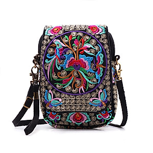 Canvas Crossbody Bag Cell phone Pouch Coin Purse for Women Embroidery Retro (flower)