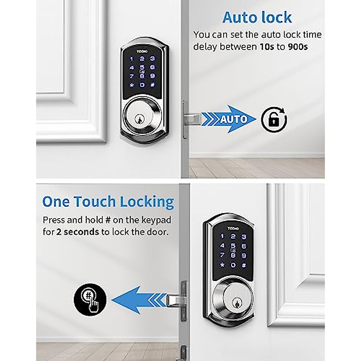 Smart Door Lock - TEEHO Keyless Entry Door Lock with Keypads - Electronic Door Locks - Easy Installation - IP54 Waterproof - Auto Lock