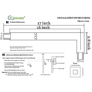 Aquaiaw Square Shower Arm and Anti-Scratch O-Ring Flange, 16 inch, Solid Brass, Soldered 90 Degree Drop, Both Soldered 1/2 NPT Tapered Threads, Wall Rain Shower Head Extension Arm (Matte Black)