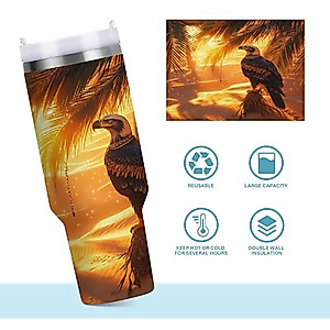 Slewiaeky Tumbler with Handle 40 oz America Hawk Bird Cicada Travel Mug with Lid and Straw Stainless Steel Vacuum Insulated Water Bottle Cup for Iced Tea Coffee Cold Beverages Cup Holder Friendly