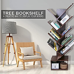 Tree Bookshelf with Drawer Rustic Brown Bookcase 9-Tier Book Rack Free Standing Book Storage Organizer Shelves, Wooden Rack Organizer Shelves for CD Movies/Books Home Office Living Room Bedroom