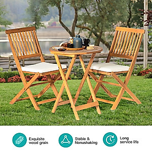 Panana 3PCS Patio Bistro Set Acacia Wood Folding Table Chairs with Cushions Foldable Patio Furniture Set for Outdoor Garden Deck Yard (Round)