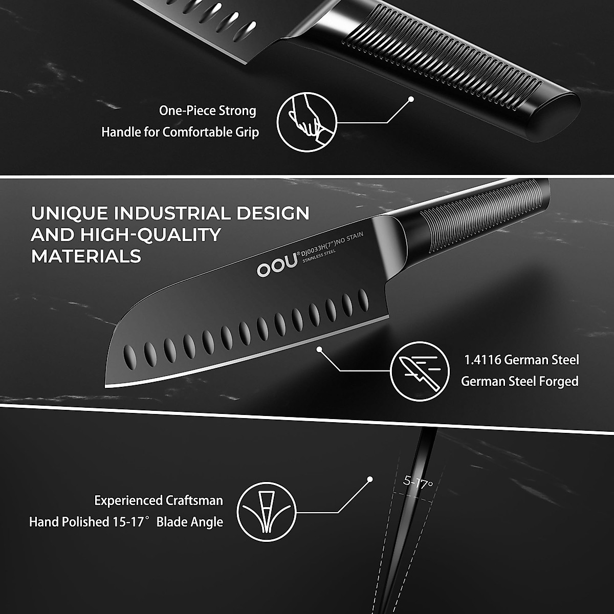 OOU! Kitchen Knife Set with Block, 15 Pieces High Carbon Stainless Steel Knife Block Set, Professional Chef Knife Set with Built-in Sharpener, Ergonomic Handle