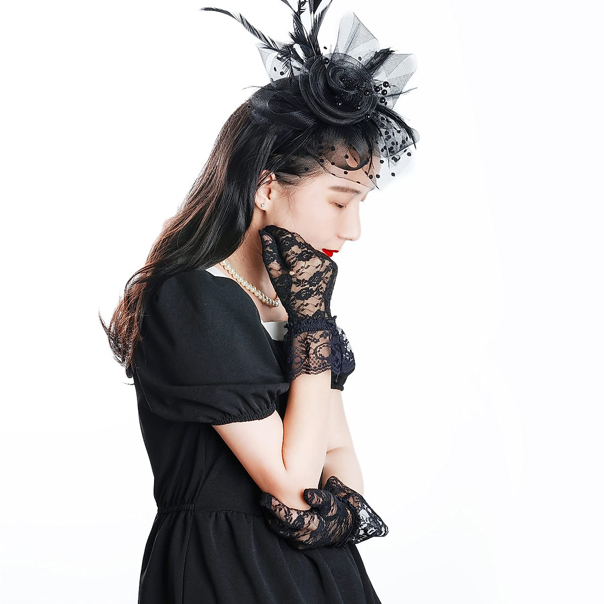 Fascinators Hat for Women Tea Party Hat Headband Set Wedding Flower Mesh Hair Clip with Veil Tea Party Headwear Lace Gloves Pearl Necklace and Earrings for Halloween Party Black