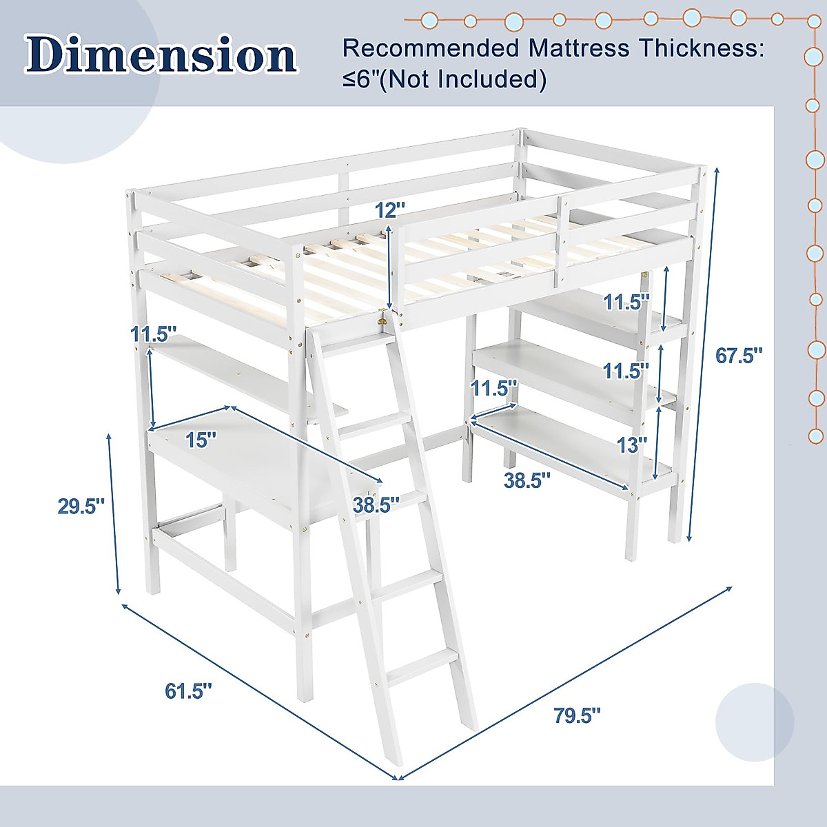 KOMFOTT Twin Loft Bed with Desk & Storage Shelves, Wood Loft Bed Frame for Kids Teens with Bookcase, Ladder, Guardrail, No Box Spring Needed, Space-Saving Loft Bed for Dorm, Apartment