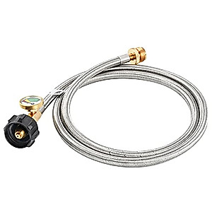 JEASOM 5 FT Propane Adapter Hose with Gauge - 1Lb to 20Lb Propane Conversion for Type1 LP Tank/QCC1,Bulk Portable Appliance and Gas Grill (Stainless Steel Braided Hose)