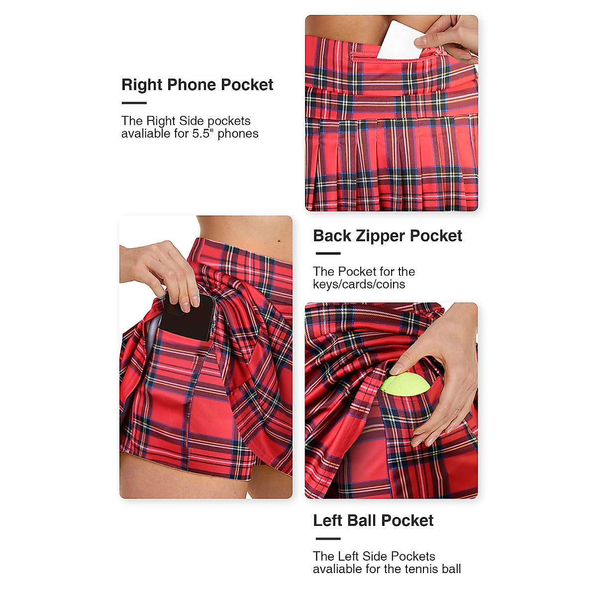 Hount Women Print Golf Skirt Travel Skirts with Pockets Skirt High Waist with Shorts Skirt Red Plaid Large