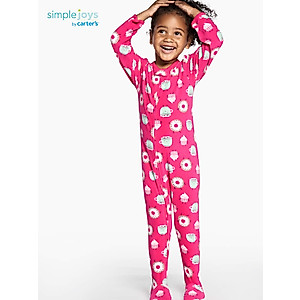 Simple Joys by Carter's Baby Girls' 3-Pack Loose Fit Flame Resistant Fleece Footed Pajamas, Donut/Hearts/Superhero, 18 Months
