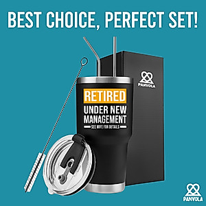 Panvola Retired Under New Management See Wife for Details Funny Retirement Gifts to Husband Retired Dad Retiree Mug Vacuum Insulated Tumbler 30 oz Black