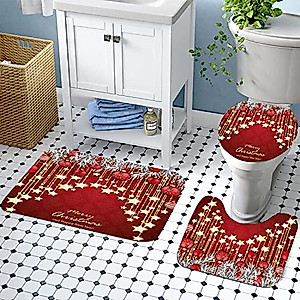 BBLYANU 4 Pcs Merry Christmas Shower Curtain Sets with Rugs,Santa Claus Shower Curtains for Bathroom with 12 Hooks,Non-Slip Rugs,Toilet Lid Cover and Bath Mat for Bathroom Christmas Decoration (02)