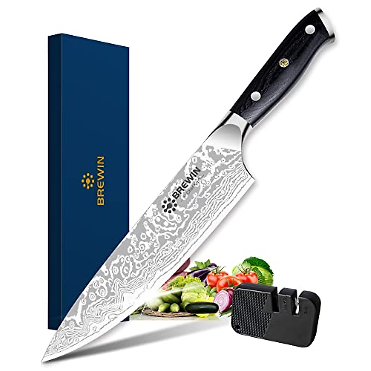 Brewin Kitchen Knife with Sharpener, Razor Sharp 8 Inch Chef Knife with Black Pakkawood Handle German High Carbon Stainless Steel Full Tang Professional Cooking Knives with Gift Box