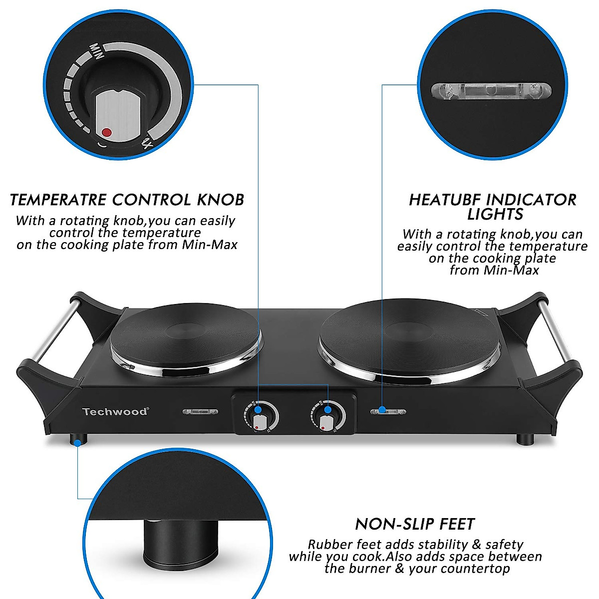 Techwood ES-3203 Hot Plate Electric Double Burner 1800W for Cooking with Adjustable Temperature & Stay Cool Handles, Black Stainless Steel, Compatible for All Cookwares