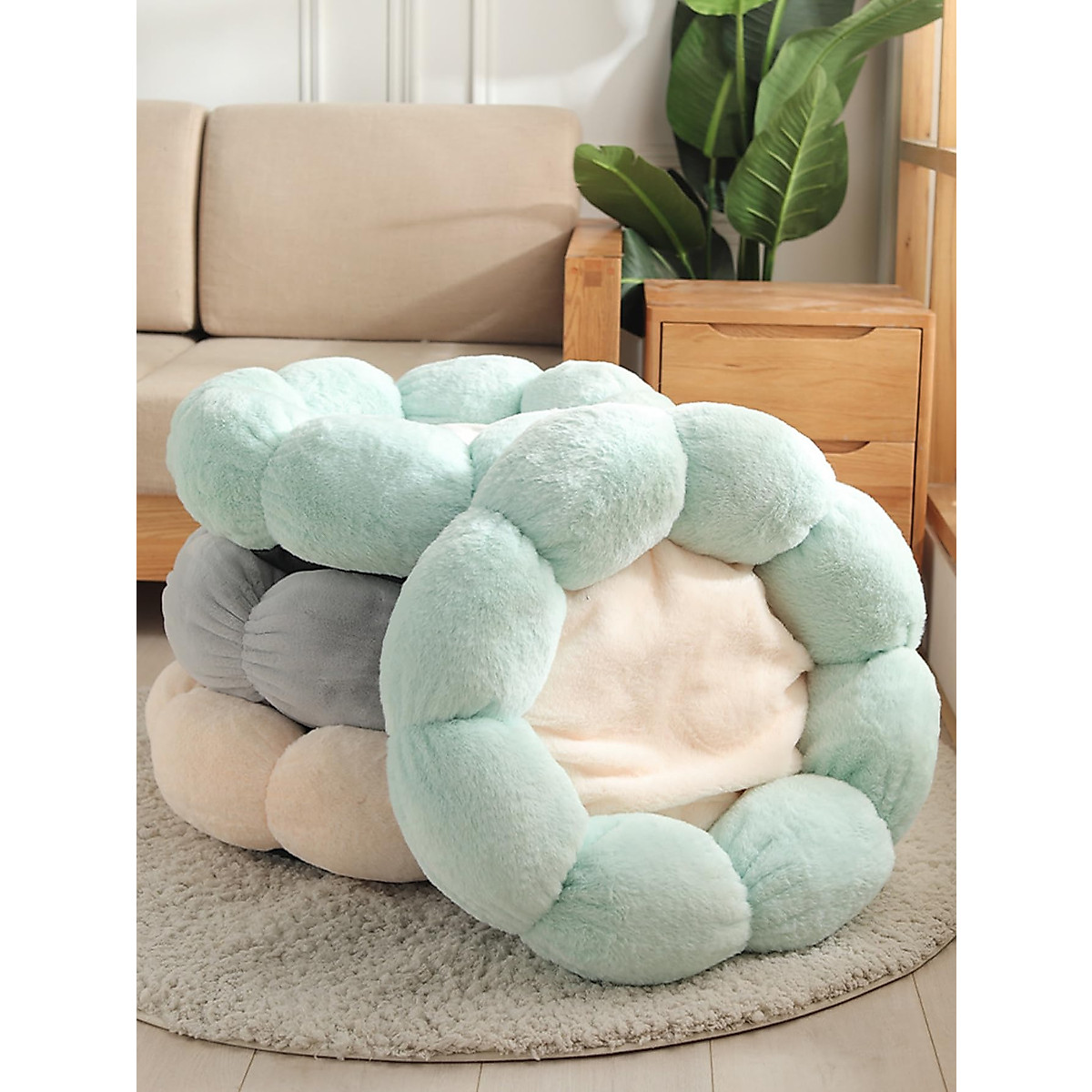 QWINEE Flower Shaped Cat Dog Bed Cat Bed Warm Soft Plush Warm Winter Nest Round Washable Non-Slip Pet Bed for Small Medium Dog Puppy Kitten Kitty Sleeping Grey S