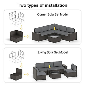 GOJOOASIS 6 Pieces Patio Furniture Set Outdoor Wicker Sectional Conversation Sofa All-Weather Rattan Couch Patio Seating with Cushion and Glass Table for Porch, Poolside, Backyard, Balcony (Gray)