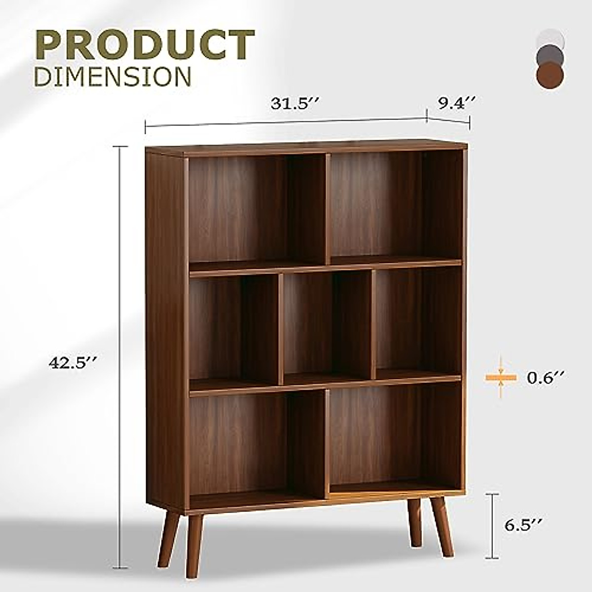DIFY Wooden Bookcase 7 Cube Open Bookcase with Legs, Display Bookshelves Storage Organizer Shelf for Living Room, Home Office and Bedroom, Walnut
