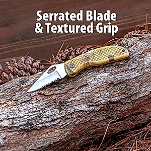 Maxam Falcon VII Lockback Camo 7 (Open) Inch Pocket Knife - Stainless Steel Serrated Blade, Textured No-Slip Handle, Carry Clip