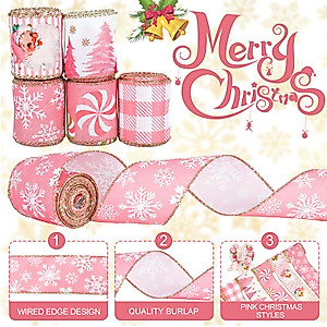 AnyDesign 30 Yards Christmas Wired Edge Ribbon 2.5 Inch Pink White Checkered Snowman Snowflake Craft Ribbon Gold Glitter Wired Fabric Ribbon for Wrapping DIY Bow Wreath Crafts Making, 5 Rolls