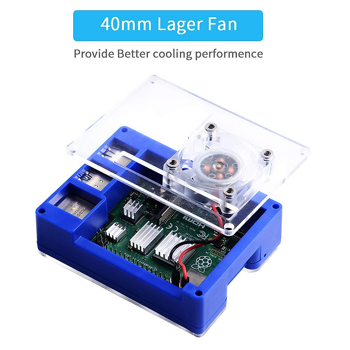GeeekPi Case for Raspberry Pi 4, Pi 4 Case with Fan 40X40X10mm (Blue Backlight) and 4pcs Aluminum Heatsinks for Raspberry Pi 4 Model B (Blue&Clear)