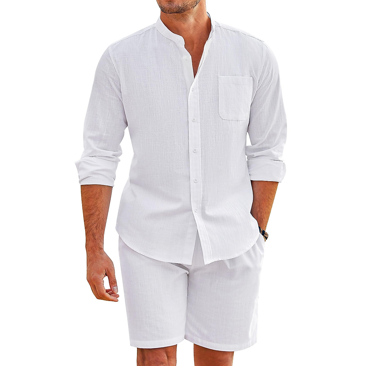 COOFANDY Mens White Beach Shirt And Shorts Casual Long Sleeve V-Neck Beach Shirt And Big And Tall Shorts For Men (White L