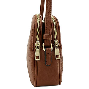 ALYSSA Double Zip Half Moon Crossbody Bag (Brown)
