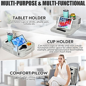 TabCouchCaddy - Couch Cup Holder Tray & Tablet Pillow Stand - Bed, Couch Caddy, Sofa, RV & Car - Holds Drinks, Snacks, Remotes, Phones, Tablet - iPad, Galaxy Tab Compatible | Bed Cup Holder (Grey)