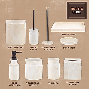 Rustic Luxe Farmhouse Bathroom Accessories Set - 4 Piece Beige Bathroom Accessory Set - Includes Hand Soap Dispenser, Toothbrush Holder, Soap Dish & Tumbler - for Elegant Rustic Bathroom Decor