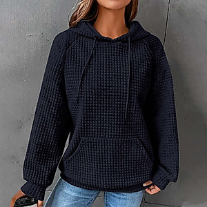 Ceboyel Women Waffle Knit Cute Hoodies Drawstring Pullover Sweatshirts Fashion Casual Sweaters Comfy Fall Clothes Outfits fall Outfits for Women for Work Navy Xl