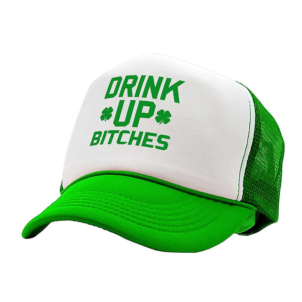 Drink UP Bitches - st Patricks Day Party Paddy - Vintage Retro Style Trucker Cap Hat (Neon Green)