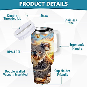 Slewiaeky Koala Spring Skinny 40 oz Tumbler with Handle Straw and Lid Beach Stainless Steel Vacuum Insulated Reusable Water Bottle Glasses Travel Mug Thermal Cup for Home Office Car