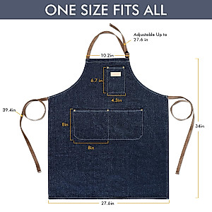 ROTANET Denim Work Apron with 3 Pockets Jean Shop Aprons for Chef Hairstylist Kitchen Woodworking for Men Women Blue