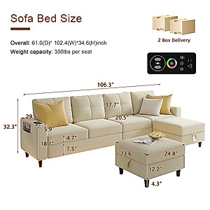 FOMNEY Sectional Couche for Living Room, Modular U Shaped Sofa Couchs with RGB Lights and Charging Ports, 6 Seat Convertible Sectional Sofa with Storage Ottoman (Beige)