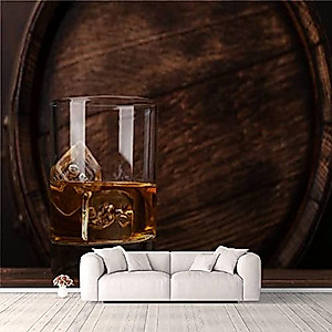 Modern 3D Scotch Whiskey Glass and Old Barrel Wallpaper Stick and Peel Wall Stickers Removable Wall Paper Mural for Living Room Bedroom TV Background Wall