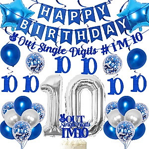 JOYMEMO 10th Birthday Decorations Blue, Peace Out Single Digits Tenth Birthday Party Supplies with Hanging Swirls & Paper Glitter Banner Cake Topper Double Digits Birthday Decor