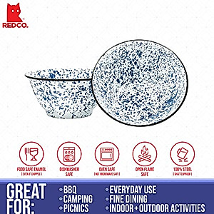 Red Co. Set of 2 Enamelware Metal Large Classic 4 quart Round Salad Serving Bowl, Navy Blue Marble/Black Rim - Splatter Design