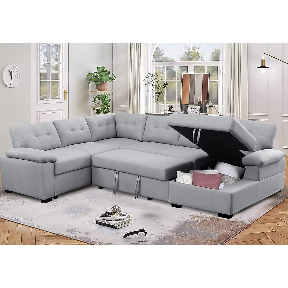 Sleeper Sofa Pull Out Couch with Storage, Modular Sectional Sofa Bed with Chaise Lounge, Modern Comfy 6 Seater U Shape Couch Bed for Living Room, Apartment, Home Office(Grey)