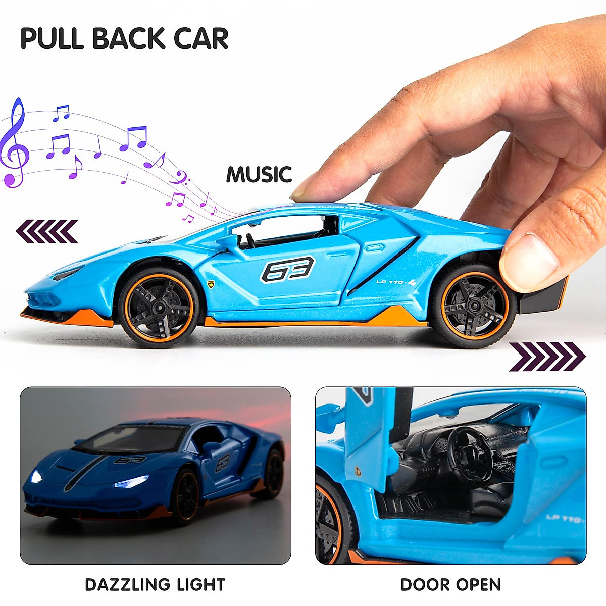BDTCTK Compatible for 1:32 Lamborghini LP770 Model Car, Zinc Alloy Pull Back Toy Car with Sound and Light for Kids Boy Girl Blue