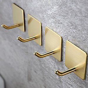 YIGII Adhesive Towel Hooks/Bathroom Hook, Gold Self Adhesive Hooks Heavy Duty Coat Hooks 4-Packs, Non-Punching for Hanging Robes Clothes Hats Stick on Kitchen Bedroom Wall Door, Stainless Steel