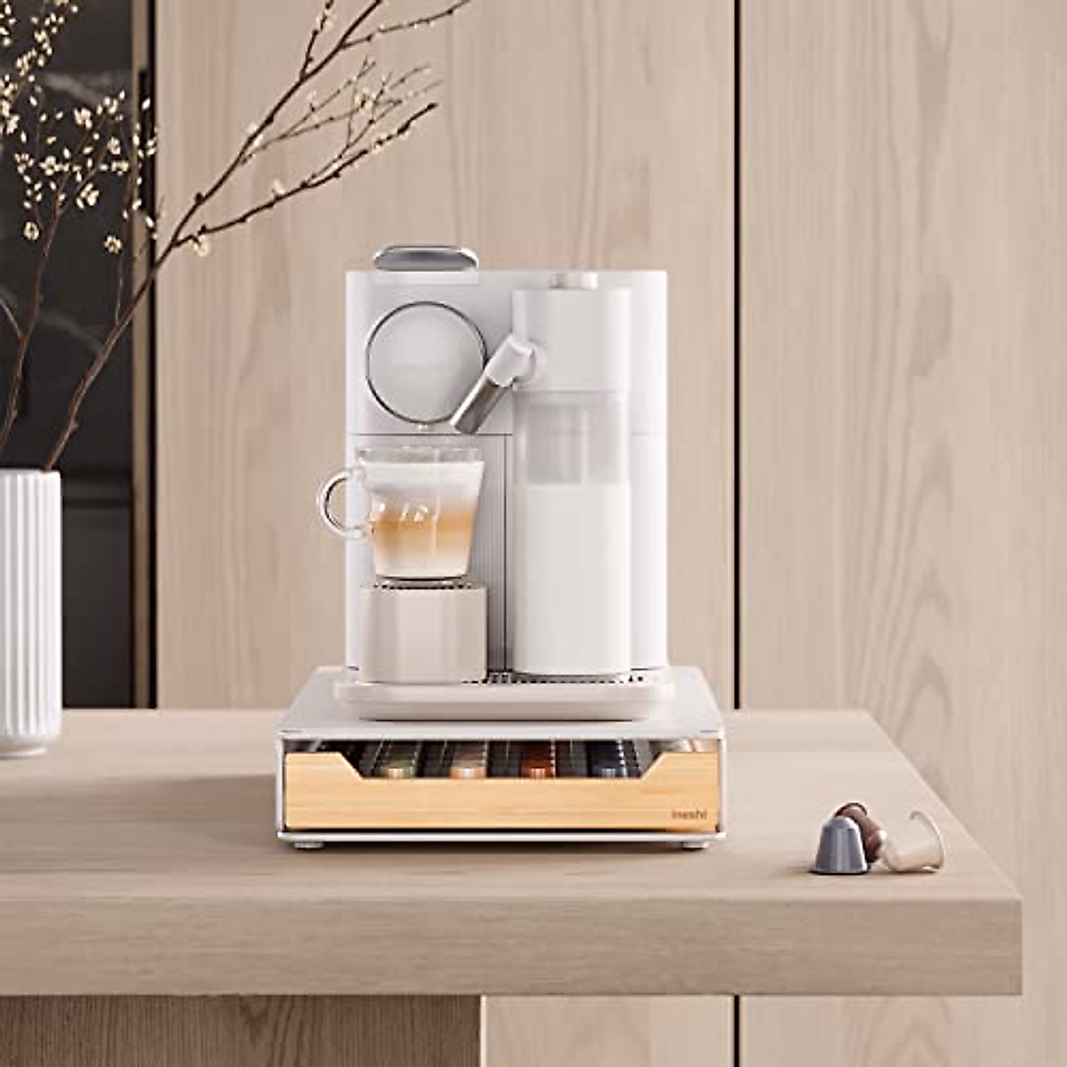 ineshi Bamboo PodStash™ - Coffee Pod Storage Drawer/Holder/Compatible with Nespresso Pods, 60 capacity (White)