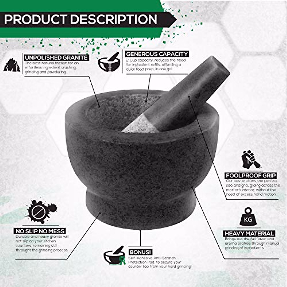 ChefSofi Mortar and Pestle Set - Black Polished Exterior - 6 inch - 2 Cup Capacity