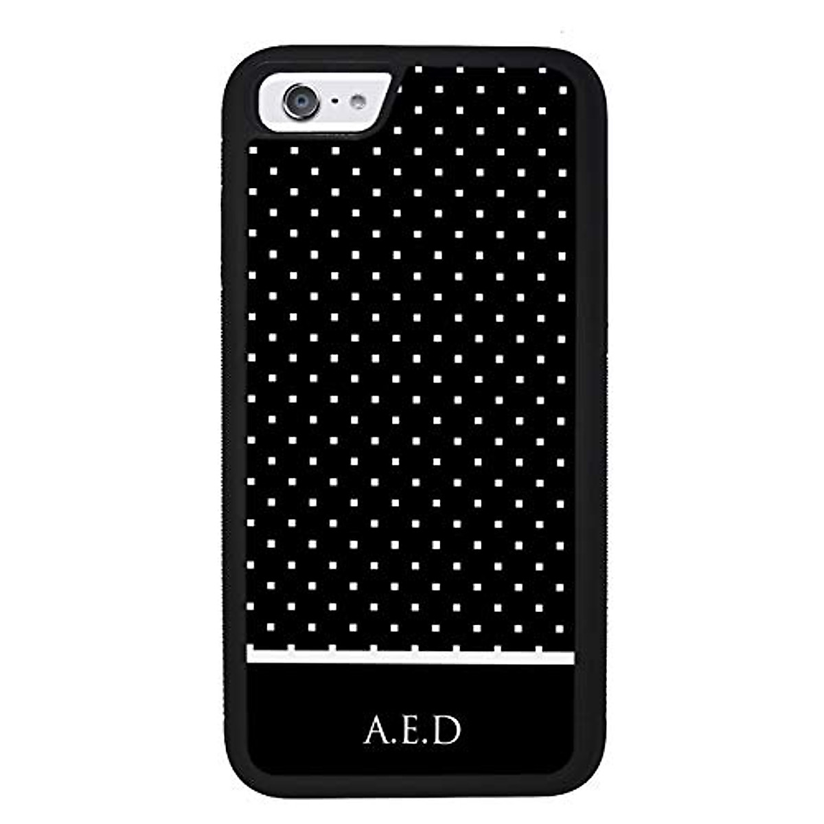 Black and White Square Polka Dots Monogram Apple iPhone Black Rubber Phone Case Compatible with iPhone 14 Pro Max, Pro, Max, iPhone 13 Pro Max Mini, 12 Pro Max Mini, 11 Pro Max X XS Max XR 8 7 Plus