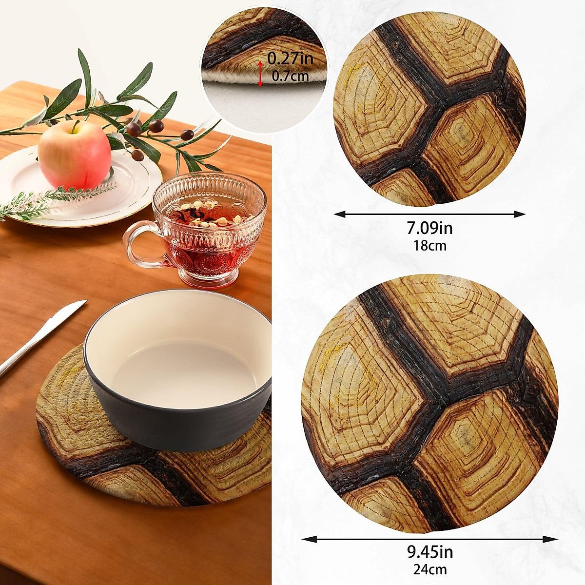 Turtle Shell Trivet Pot Holder Carapace Print Round Woven Potholders Set Kitchen Placemats 2PCS Cotton Rope Table Hot Pads Stylish Coasters Heat Resistant for Hot Dishes Baking Cooking Cups Dinning