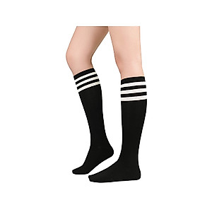 Century Star Knee High Long Socks for Women Athletic Running Casual Tube Socks with Triple Stripes 1 Black White One Size
