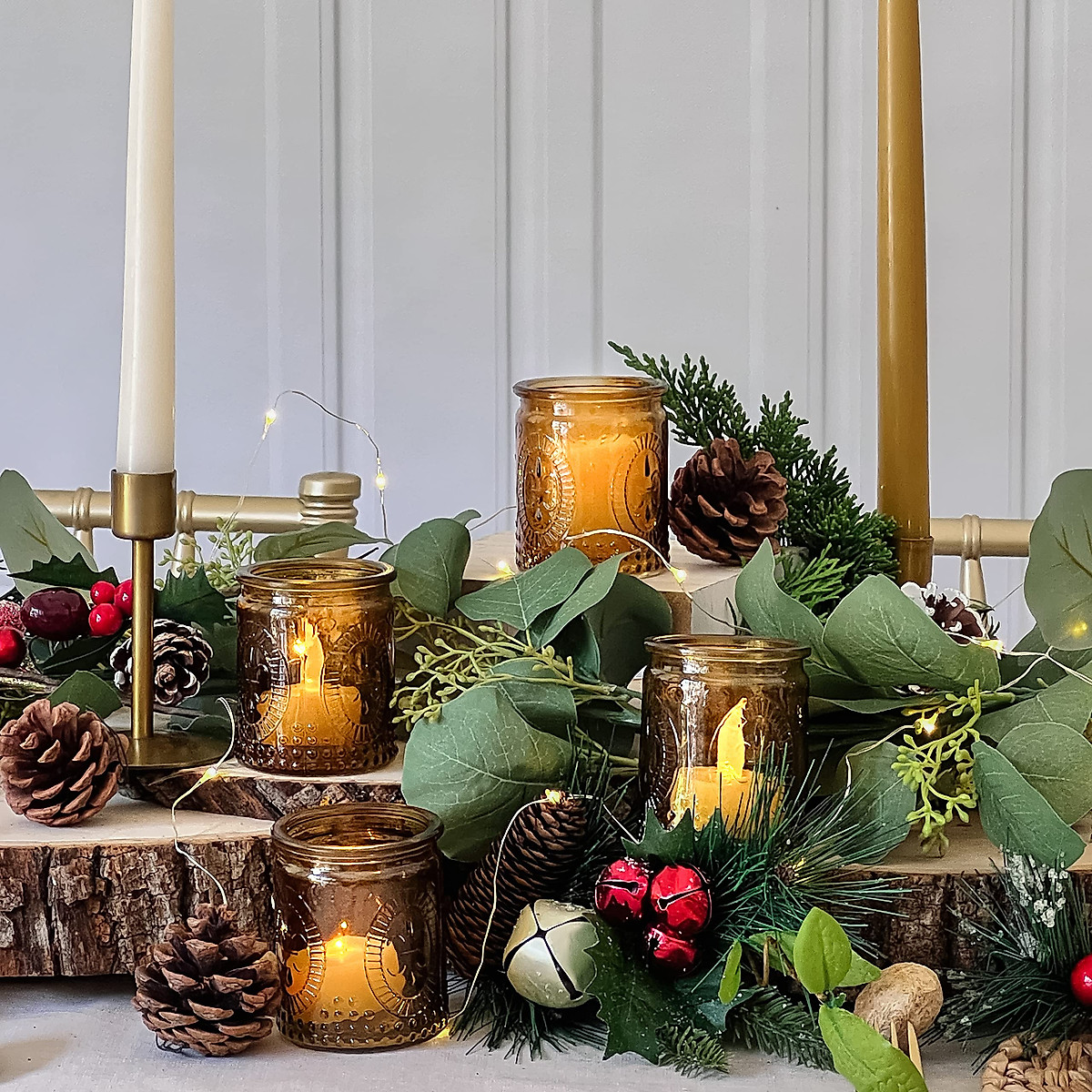 Kate Aspen Vintage Glass Tealight & Votive Candle Fleur-de-lis Tea Light Holders, Set of 4, Amber