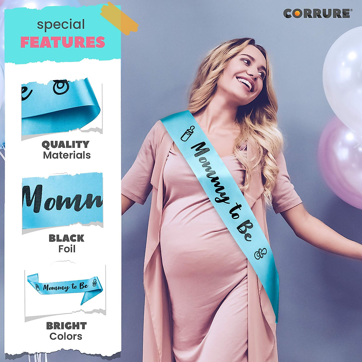 CORRURE Baby Shower Sash for Boy - 'Mommy to Be' Sash With Beautiful Blue Ribbon and Black Foil Text - Ideal Gender Reveal, Baby Shower, Welcome Baby, Mom to Be or Baby Sprinkle Gift