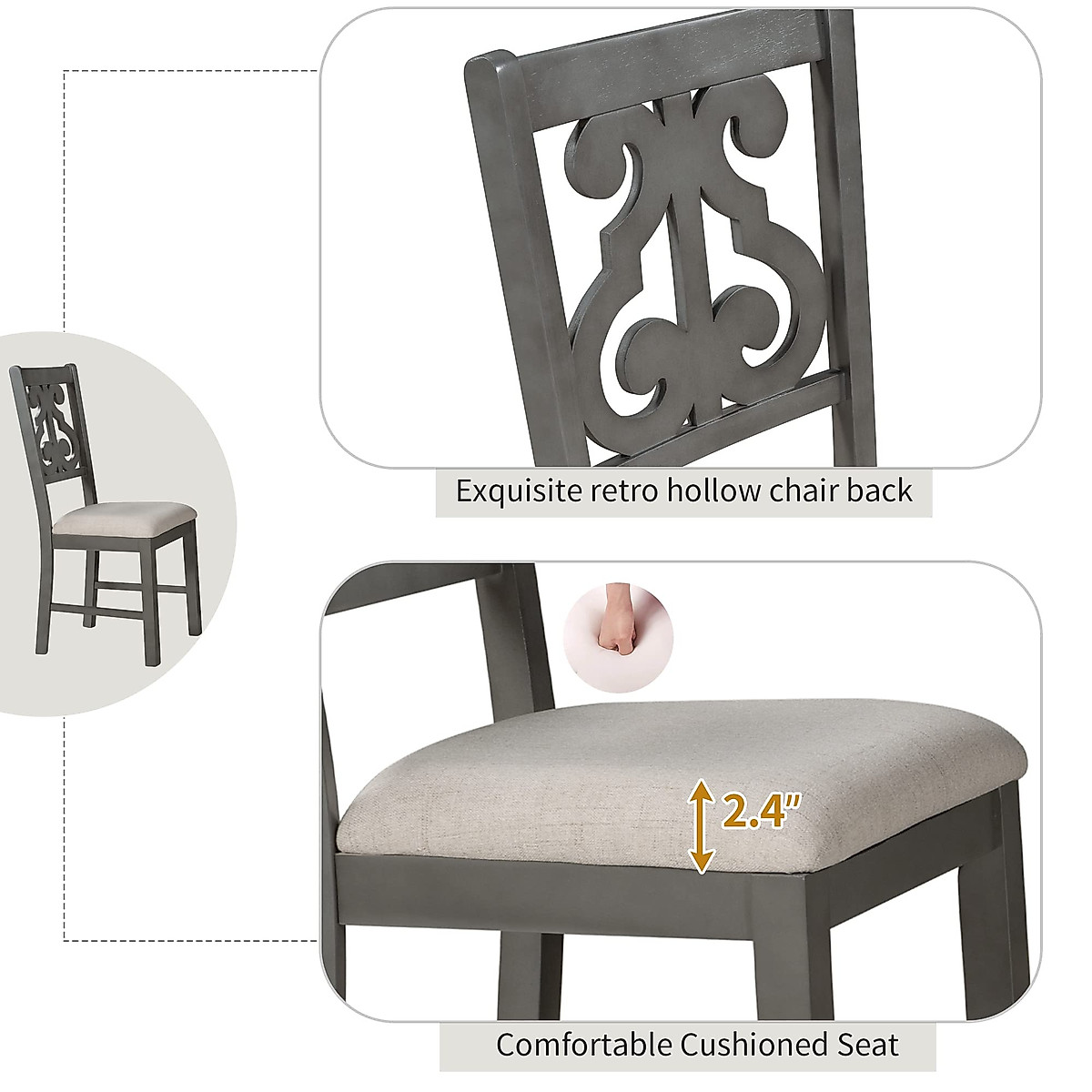 5 Piece Kitchen Table Set with Storage Shelf and Special-Shaped Legs, Retro Style Round Dining Table Set with Hollow Chair Back, Gray