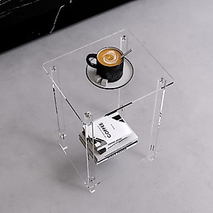 Eglaf Acrylic Small Side Table with Square Leg - 13.4'' L x 11.5'' W x 19.6'' H - Small Nightstand Bedside Table 2-Tier Clear End Table for Living Room, Bedroom