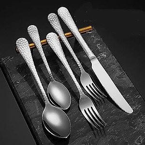 Hammered Silverware Set 16 Pieces Stainless Steel Flatware Set for 4, Mirror Polished Tableware Cutlery Set for Home Kitchen Restaurant Hotel, Kitchen Utensils Set, Modern Design, Dishwasher Safe