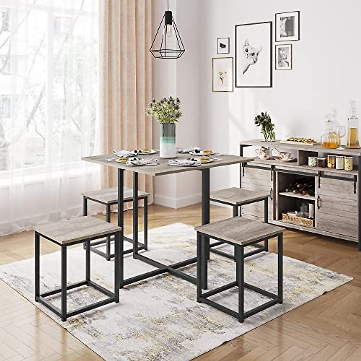 Yaheetech 5-Piece Dining Table Set - Industrial Kitchen & Chairs Sets for 4 Compact with Stools Space-Saving Design Apartment, Small Space, Breakfast Nook, Gray