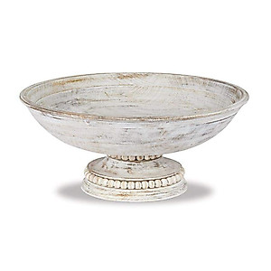 Mud Pie Beaded Wood Pedestal Bowl, White, 6" x 14" dia & 47100002 Farmhouse Washed Beaded Wood Pedestal Paper Towel Holder, 16" x 6" Dia, White, Grey